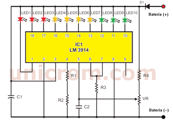 Monitor de carga de batería con LM3914 - Electrónica Unicrom